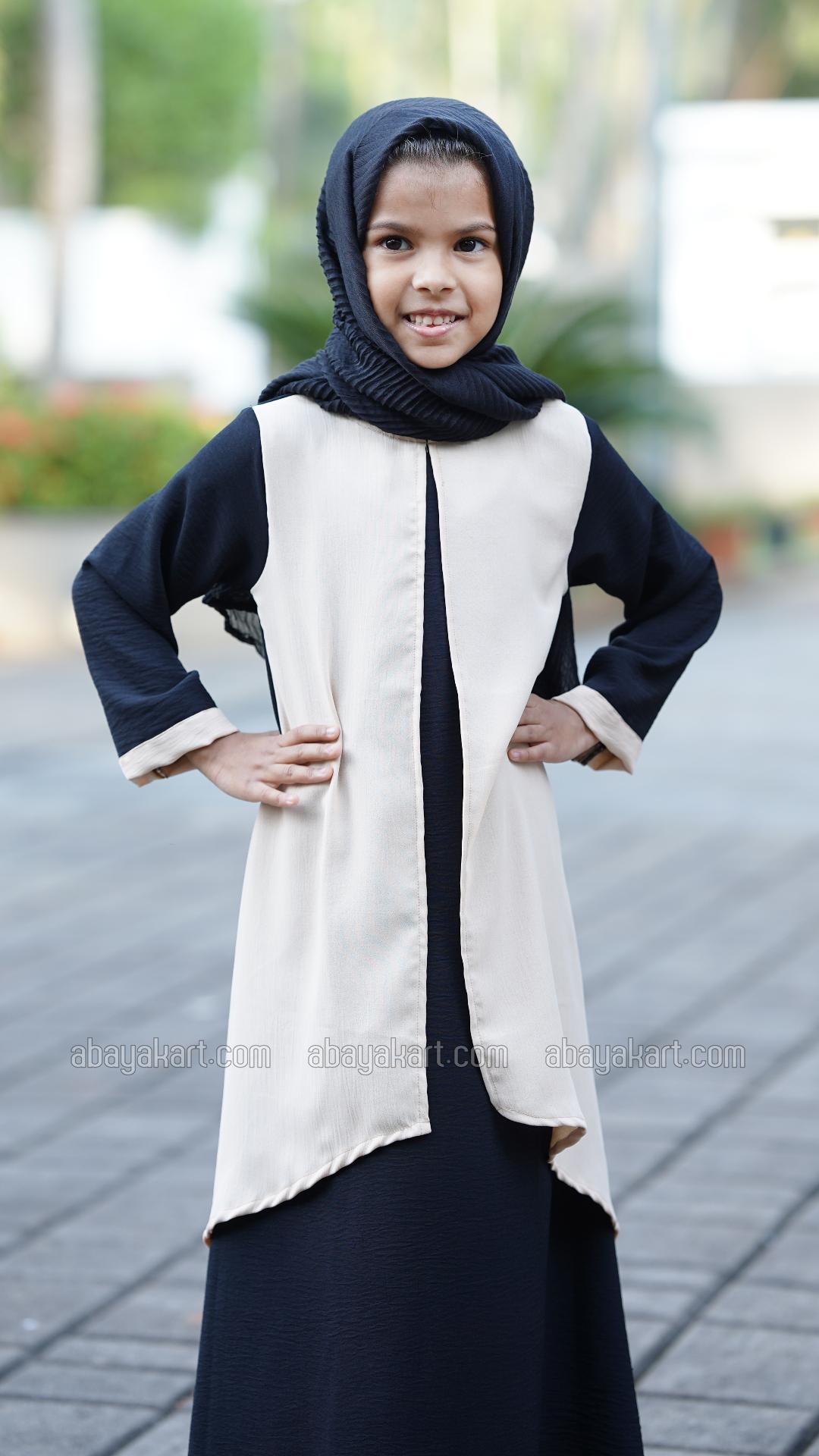 Kids Modest Dress With Attached Shrug in Black And Cream | Abayakart.com